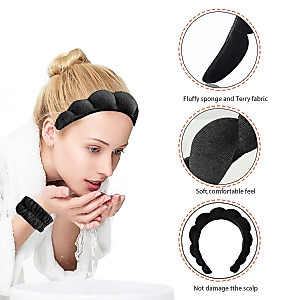 1Spa Headband and 2 Wristbands Set for Women Girls -Sponge & Terry Cloth Fabric Headband for Washing Face, Skincare,Makeup, Shower, Hair Accessories- Wrist Washband Prevent Liquid from Spilling(Black)