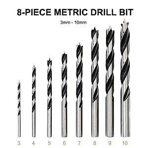 Hymnorq Brad Point Wood Drill Bits 8PC Set, Metric Size 3mm-10mm by 1mm in Index Case, High-Carbon Steel, Perfect for DIY Woodworking Carving Engraving Drilling