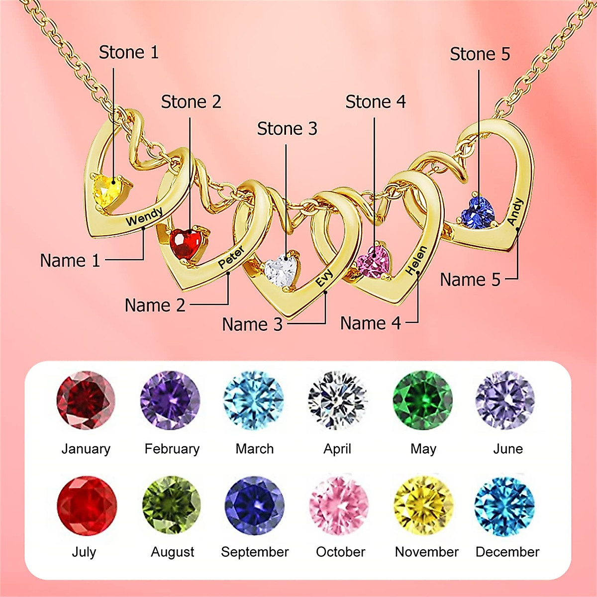 MissNaNa Mom Gift Personalized Mother Necklace with 1-6 Birthstones & Engraved Names Custom Family Necklace Heart Name Necklaces for Mother's Day (Gold, 5 Name)