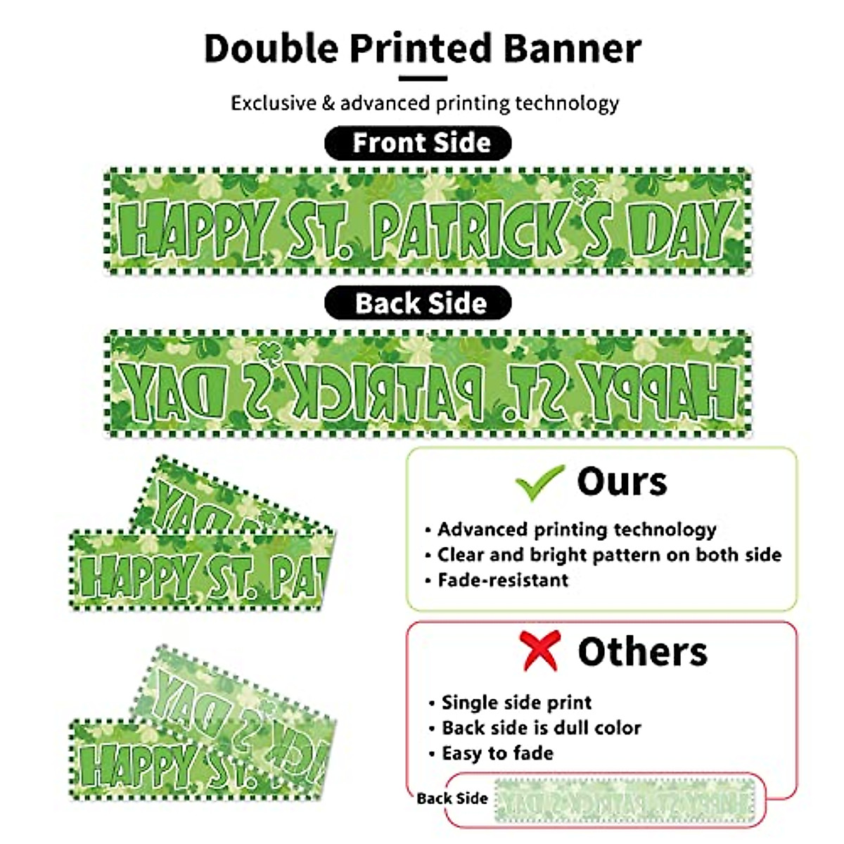 Probsin Happy St. Patrick's Day Banner Double Printed Large St Patricks Day Decorations Shamrock Clover Sign Irish Party Hanging Supplies Decor Lucky Holiday with Brass Grommets for Home,Outdoor,Indoor,Yard,Garden