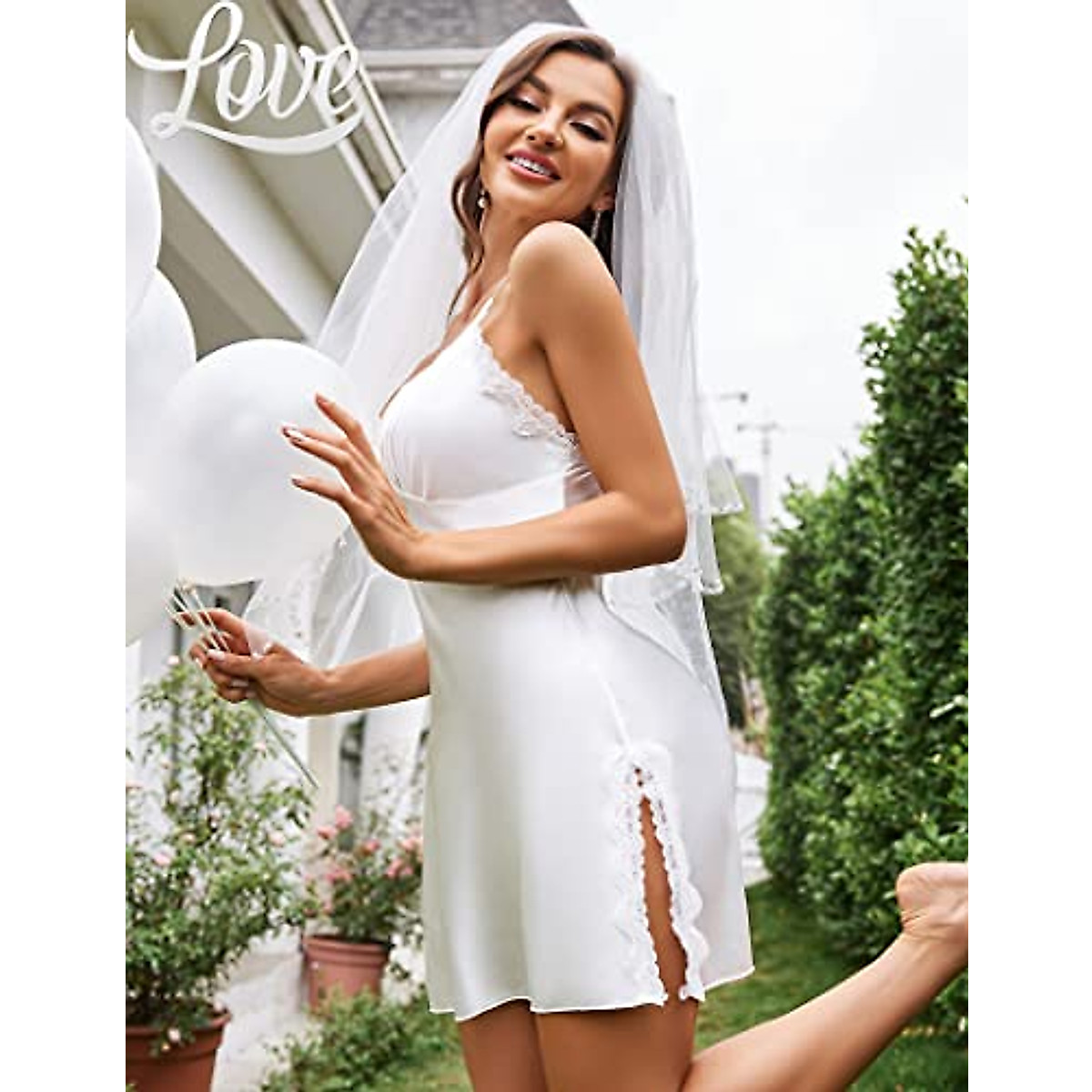 Avidlove Nightgowns for Women Sexy Lace Slip Lingerie Satin Side Slit Nighty Lace Nightgown(White,XXL)