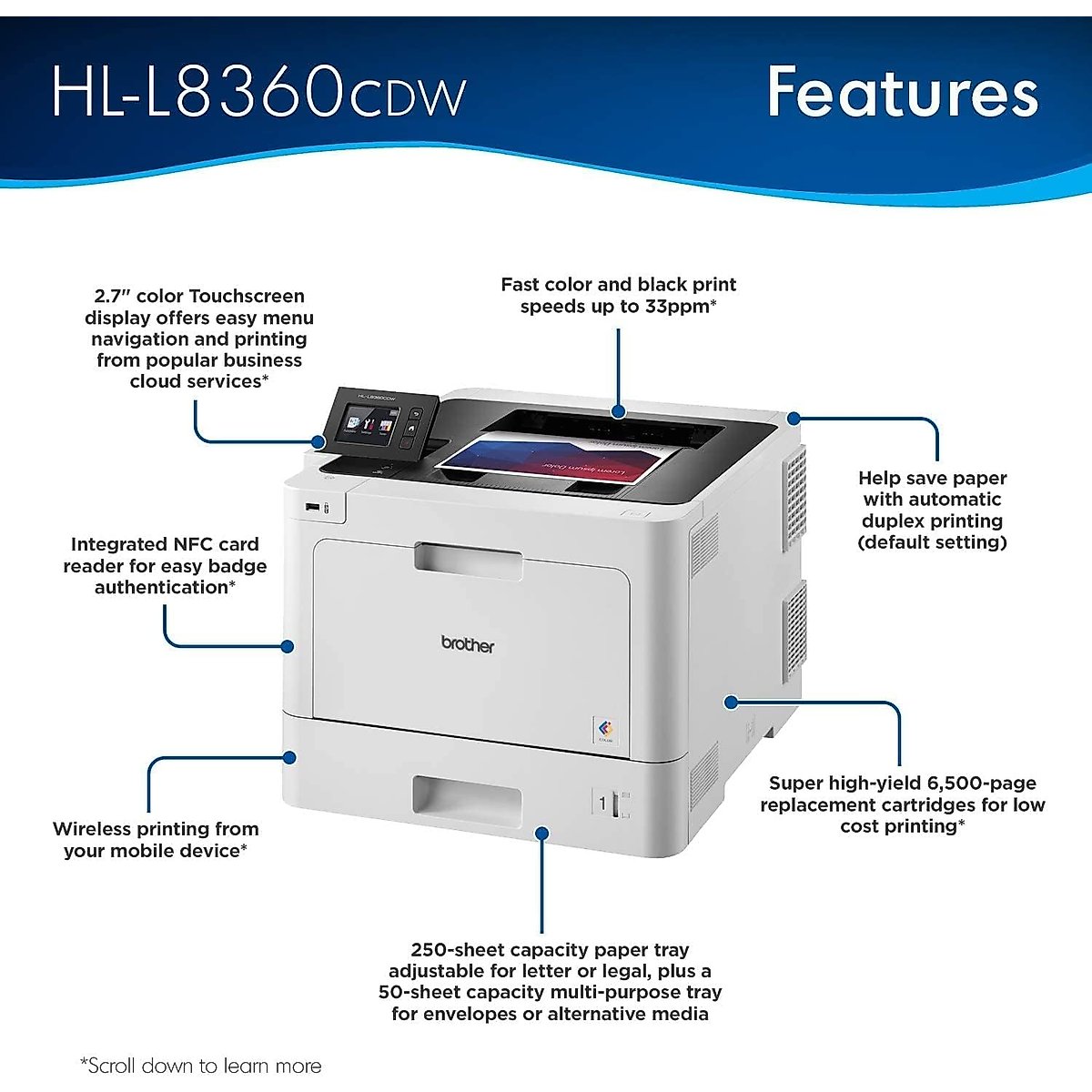 Brother HL-L8360CDW Business Color Laser Printer, 33ppm, Ethernet, 2.7” Color Touch LCD, Auto 2-Sided Printing, NFC Connectivity, PCM