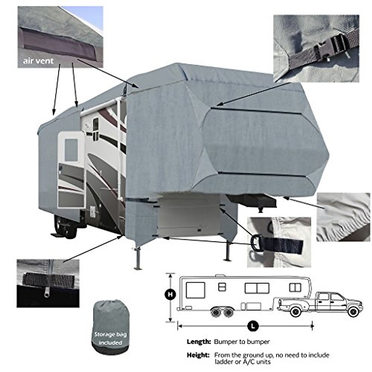 SavvyCraft Deluxe 4-Layer 5th Wheel RV Travel Trailer Camper Cover Fits from 33'-37'L W/Zipper Access