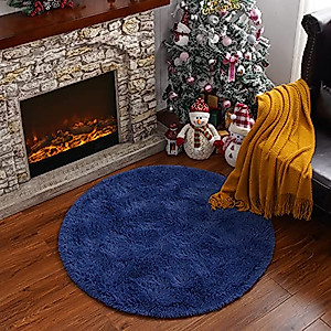 Goideal Soft Round Shaggy Rug, 4 x 4 Feet Light Navy Fluffy Circle Rug for Boys Girls, Fuzzy Cute Bedroom Rug, Circle Plush Floor Carpet for Nursery Room Decor