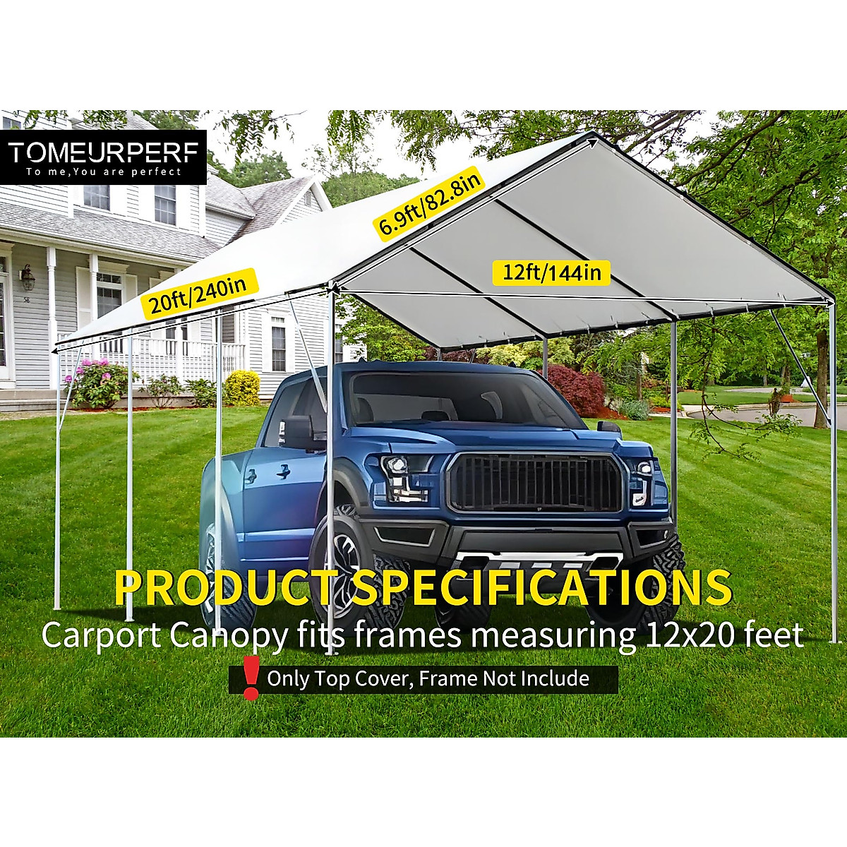 12x20 Ft Carport Canopy Replacement Cover for Canopy Tent Car Tent Garage Shelter Top Tarp White Portable Carport with 120lbs Tensile Strength Ties (Only Top Cover, Frame is not Included)