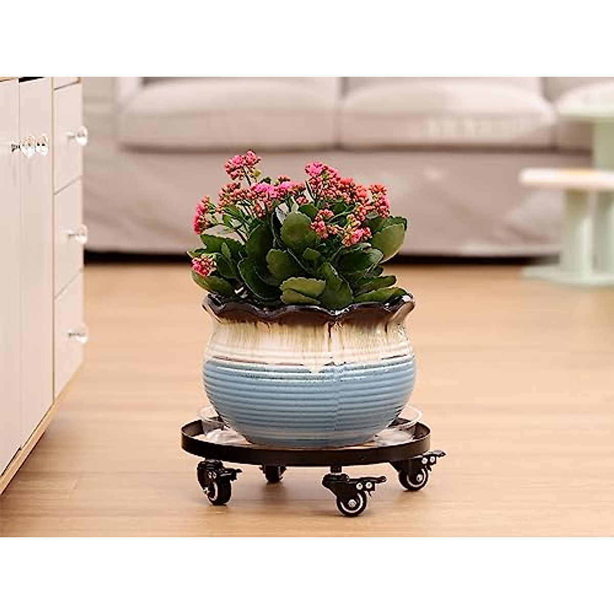 3 Packs Large Metal Plant Caddy 12.6” Plant Dolly with Wheels Heavy-Duty Wrought Iron Rolling Plant Stand with Casters for Indoor and Outdoor Plant Pot Rollers Black, 12" Clear Plant Saucers Included