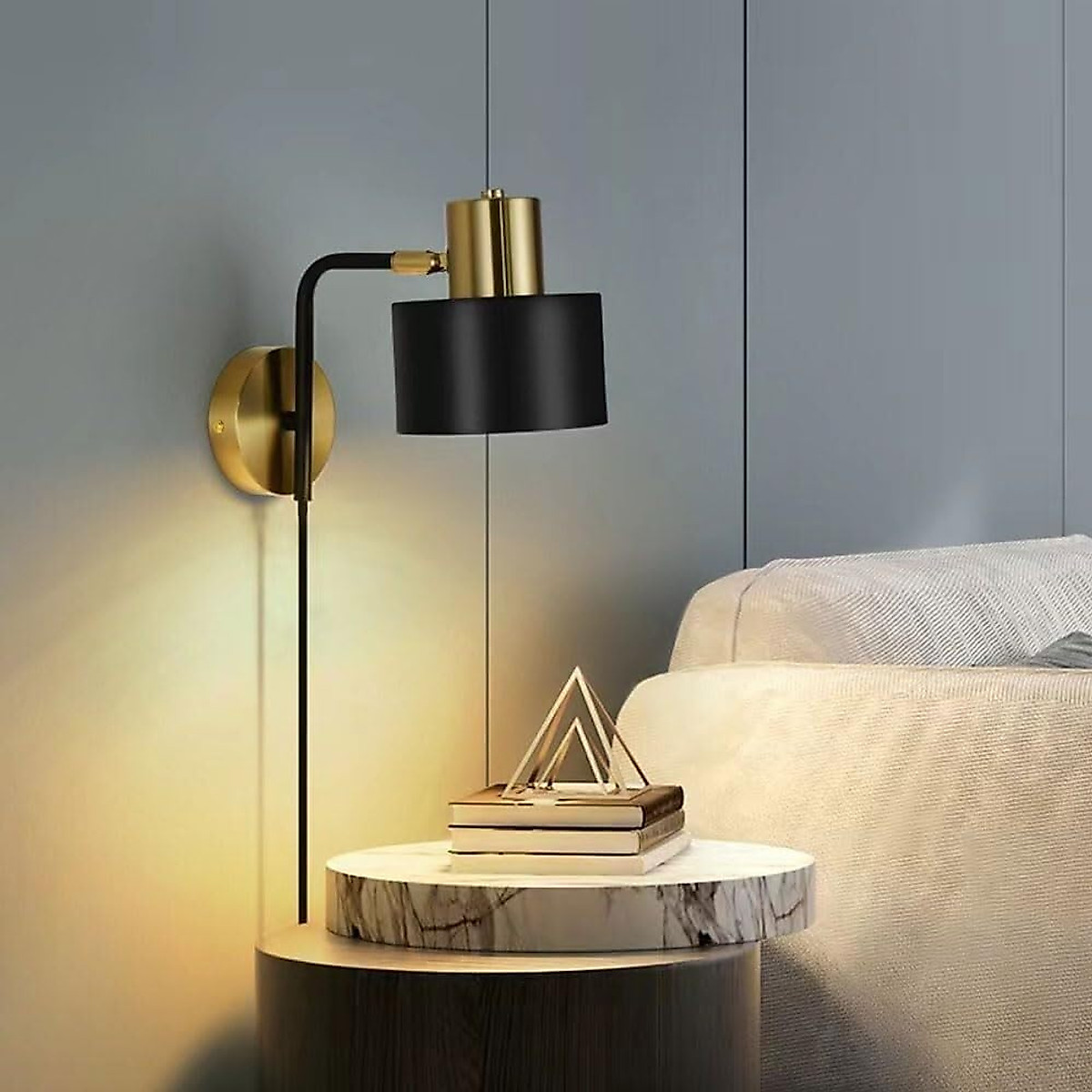 VUCICA Rotatable Gold Wall Lamp with Plug in Cord and Switch Plug in Wall Sconce Black Bedside Reading Light E27 Adjustable Modern Wall Lighting Fixture for Bedroom Bed Side Hotel Study Room