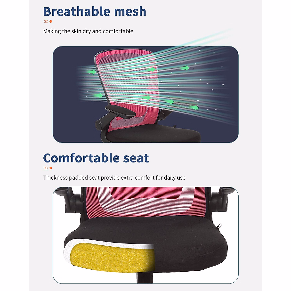 Home Office Chair Ergonomic Desk Chair Mesh Computer Chair with Lumbar Support Flip-up Arms Swivel Rolling Executive Task Chair Adjustable Chair for Adults(Pink)