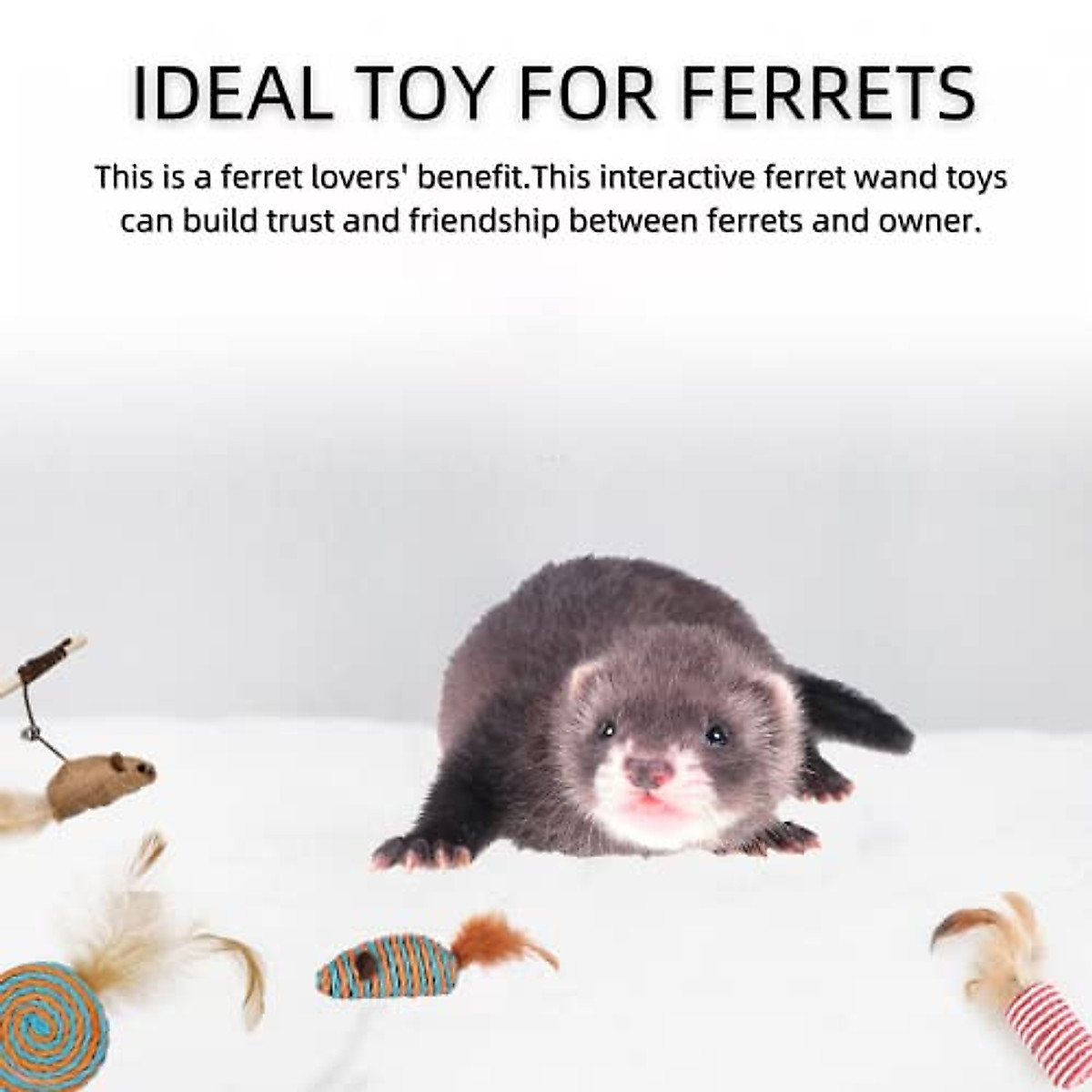 7 Pack Ferret Toys - Interactive Ferret Toys Assortments Feather Teaser Wand with Sisal Mice Balls and Bells Toys for Ferret Cat Kitten Puppy (7 Pack)