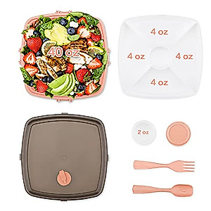 GREENRAIN Salad Lunch Container To Go - 40-oz Salad Bowl with 5-Compartments Bento Style Tray, BPA-Free Leak-Proof Lunch Box with Reusable Fork Spoon and Sauce Container for Food Snack (Pink)