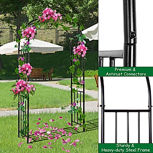 LDAILY Moccha Garden Arch Arbor Trellis, 7.2Ft Outdoor Steel Arbor with Stakes, Metal Archway for Climbing Plants, Wide Sturdy Durable Garden Arch for Lawn, Party, Ceremony Wedding Decoration, Black