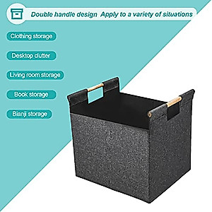 2 Pack Collapsible Felt Storage Bins,20"x16"x15" Black Storage Basket, Linen Fabric with Wooden Carry Handles for Clothes, Shoe, Book, Magazine, Wood（Large Size）