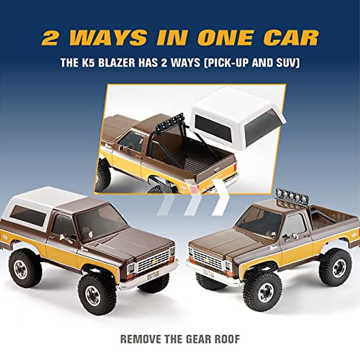 EAZYRC X FMS 1/24 Chevy K5 Blazer 1969s RC Truck RTR Brown, with Lisense RC Crawler, 4WD 5Km+ 2-Speed Transmission RC Car Off-Road Vehicle with 2.4 Ghz Radio, Battery, LED Light and USB Charger