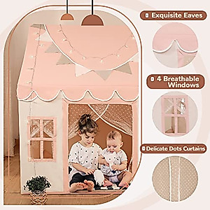 Kids Play Tent with Non-Slip Mat, Star Lights, Decorating Flag, Dots Curtains Playhouse with 4 Windows, Machine Washable, Indoor and Outdoor Play Tent for Kids, Girls, Pink, 47" x 40" x 52"