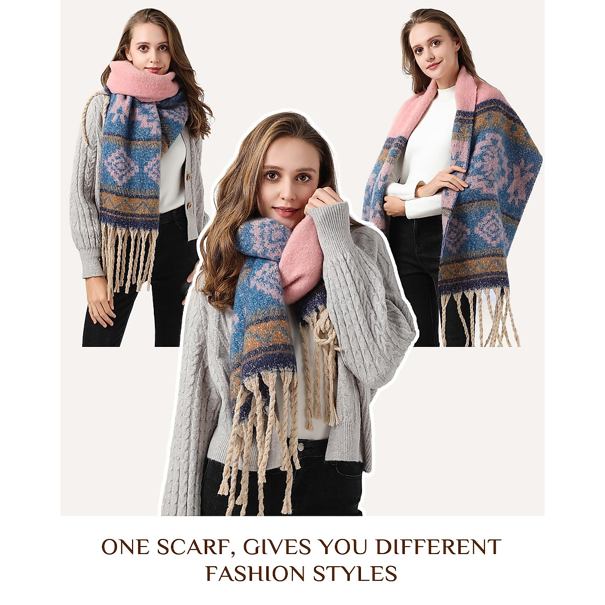 Scarf for Women - Winter Scarfs Fashion Long Scarf Shawl, Scarves for Women Winter Warm Blanket Scarf, Soft and Warm Cashmere Scarf Mohair Fish Bones Large Scarves