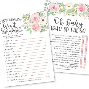 25 Floral Word Scramble For Baby Shower, 25 True Or False Game, 25 Baby Animal Matching, 25 Nursery Rhyme Game - 4 Double Sided Cards Baby Shower Ideas, Baby Shower Party Supplies