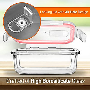 NutriChef 5-Piece 30 oz Glass Meal Prep Containers - Stackable BPA-Free Kitchen Storage Containers for Food with Improved Leakproof Snap Lock Lids - Dishwasher, Freezer, & Microwave Safe - Red