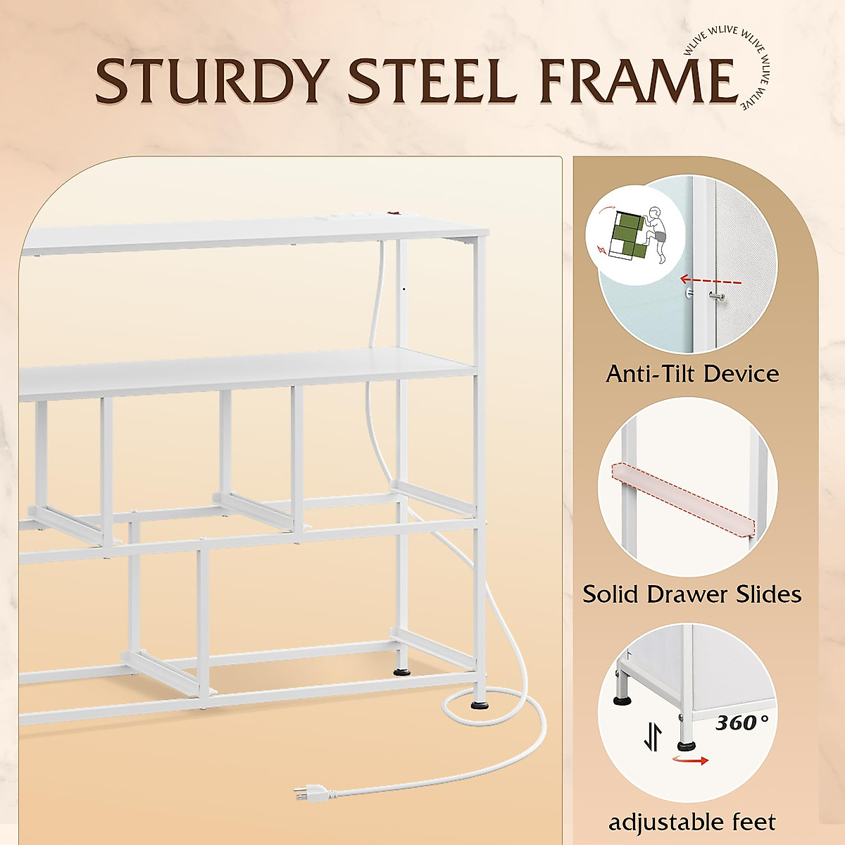 WLIVE Dresser TV Stand for 45 inch TV, White Fabric Dressers for Bedroom with 5 Drawers, Entertainment Center with Open Shelf and Power Outlet, TV Stands for Living Room, Closet
