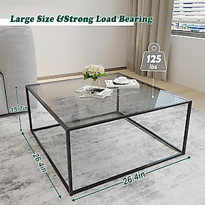 Glass Coffee Tables for Living Room Square Modern Center Table for Small Space,Tempered Glass-top with Sturdy Metal Frame Sofa Side End Table, Easy Assembly,26.4 x 26.4 x 15.7 Inches, Gray Black