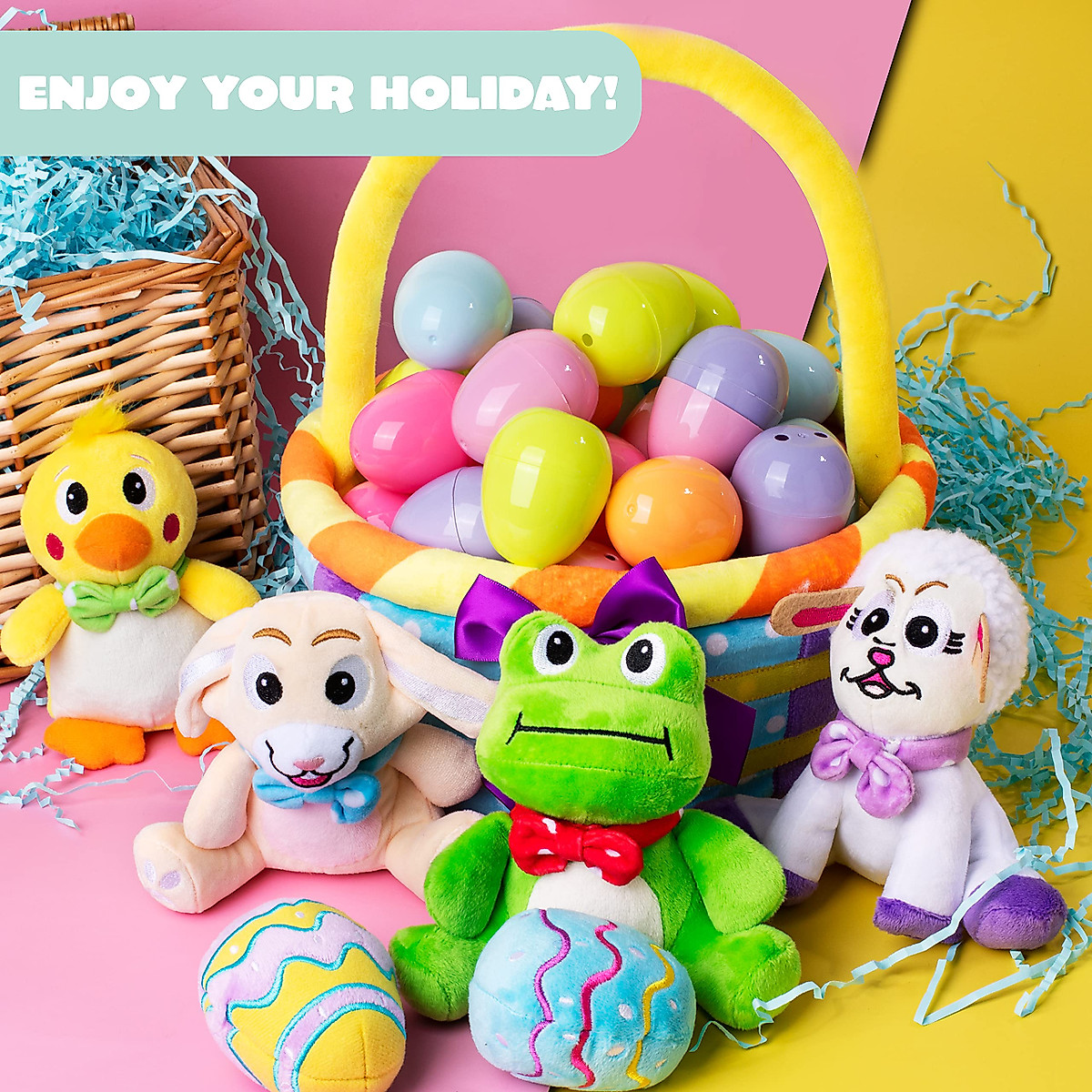 JOYIN 7 PCS Basket for Easter Stuffed Plush Playset for Baby Kids Easter Theme Party Favor, Easter Eggs Hunt, Basket Stuffers Fillers, Party Supplies Decorations