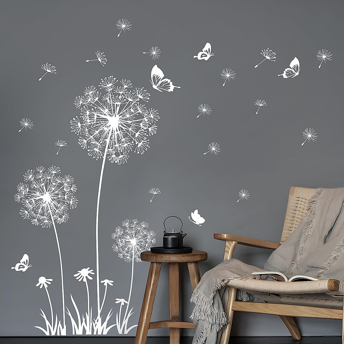 Supzone Dandelion Wall Stickers Flower Wall Decals Butterflies Flying Wall Decors Art Stickers for Bedroom Living Room Sofa Backdrop TV Wall Decor (White Dandelion)