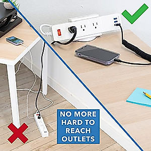 Mount-It! Power Strip Holder Clamp Desk Mount with Included Surge Protector | White Desktop Power Outlet with 3 USB Ports and 3 AC Power Outlets | Adjustable Power Strip Clamp Mount