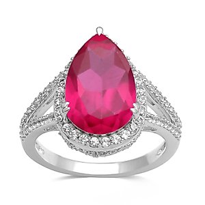 Jewelili Sterling Silver 14x9mm Pear Created Ruby and Round Created White Sapphire Teardrop Halo Ring, Size 8