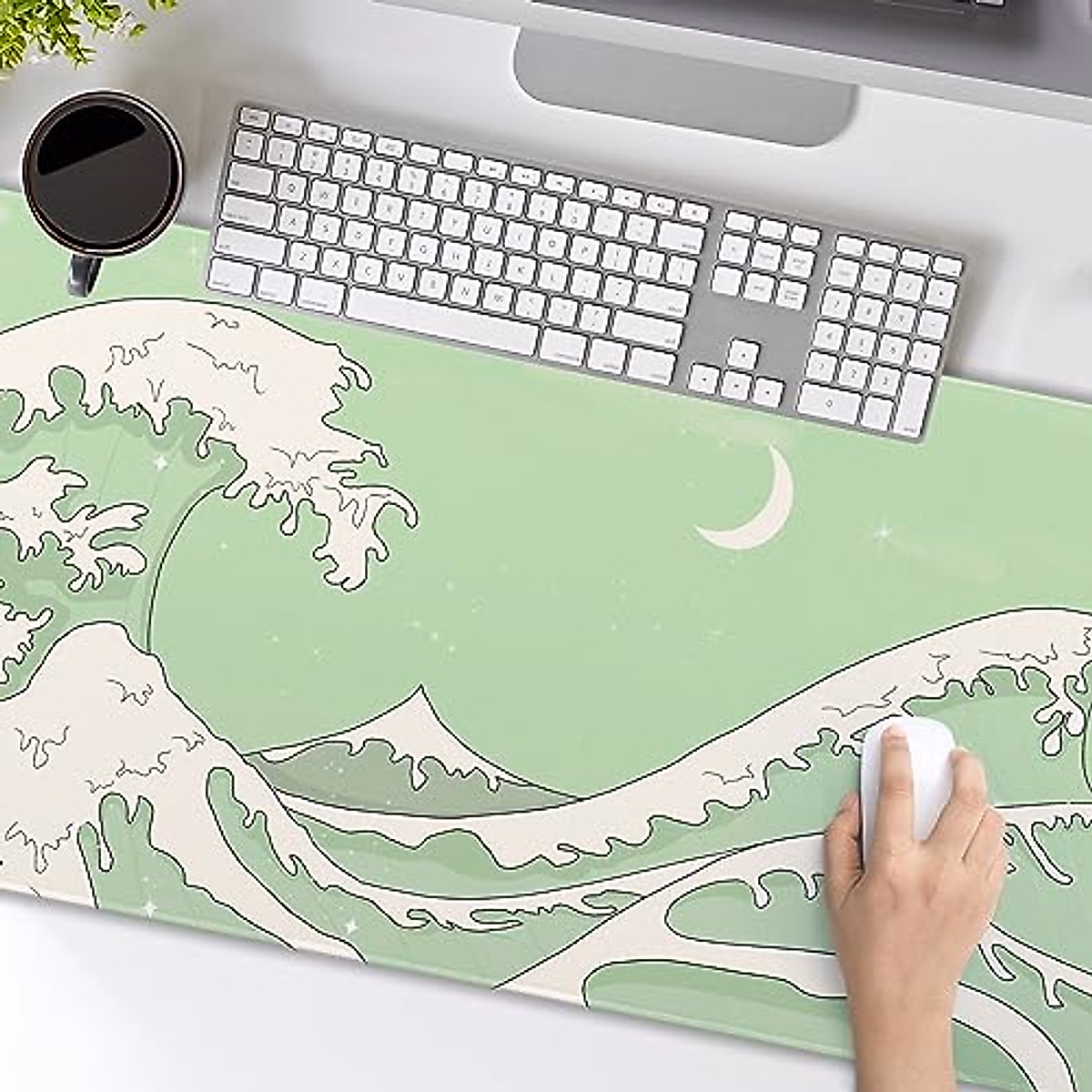 Matcha Green White Japanese Anime Gaming Mouse Pad XXL Cute Kawaii Sage Aesthetic Sea Wave Extended Large Desk Mat Non-Slip Rubber Base Stitched Edge Keyboard Mousepad for PC Laptop,35.4×15.7 in