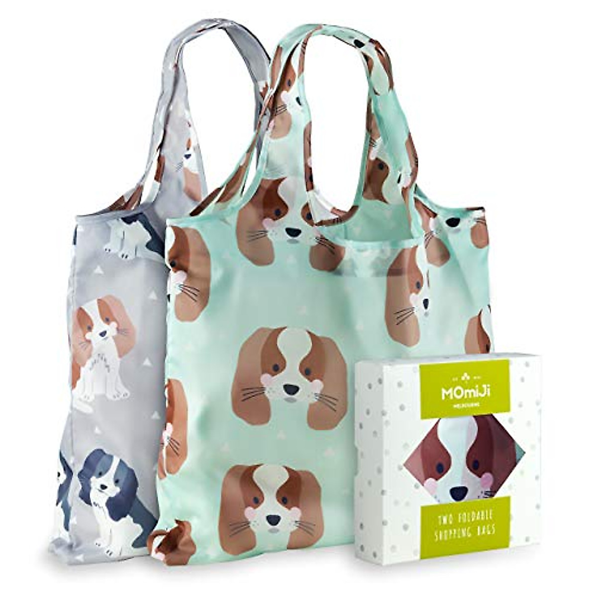 Momiji Premium Reusable Grocery Shopping Bags, Unique European Artists, Certified Recycled Polyester, Set of 2 Bags, Foldable, Eco-Friendly, Machine Washable, Lightweight (Cute Cavalier Dog)