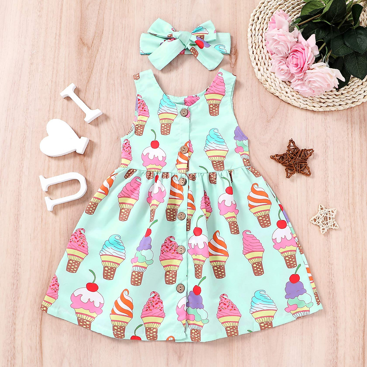YOUNGER TREE Toddler Dresses Lemon Baby Girls Pineapple Fruit Dress Outfit Summer Girl Dress Spring Sundress (Ice Cream, 2-3 Years)