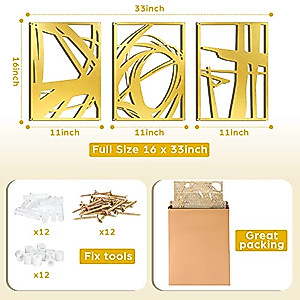 Geelin 3 Pcs Metal Wall Decor 16 x 11 Inch Abstract Metal Wall Art Modern Minimalist Geometric Wall Decor 3D Textured Metal Wall Sculptures for Home Bathroom Living Room Bedroom Dining (Gold)