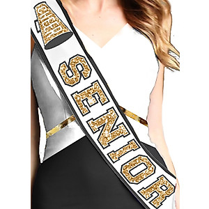Senior Cheer Sash - Ribbon Edge Gold Sparkle with Black Outline Cheer Senior White PREMIUM GRADE SATIN Sash - High School Cheerleader Squad Supplies (RbnCheer GLD w/BLK) WHT