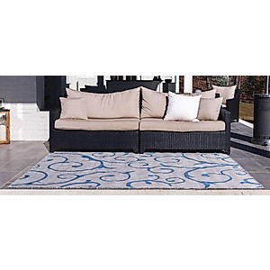 Unique Loom Outdoor Botanical Collection Area Rug - Curl (7' 1" x 10' Rectangle, Gray/ Navy Blue)