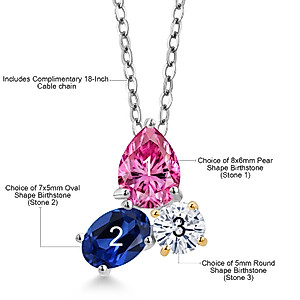 Gem Stone King 925 Sterling Silver and 10K Yellow Gold Customized and Personalized 8X6MM Pear 7X5MM Oval 5MM Round 3-Stone Gemstone Birthstone Pendant Necklace For Women with 18 inch Chain