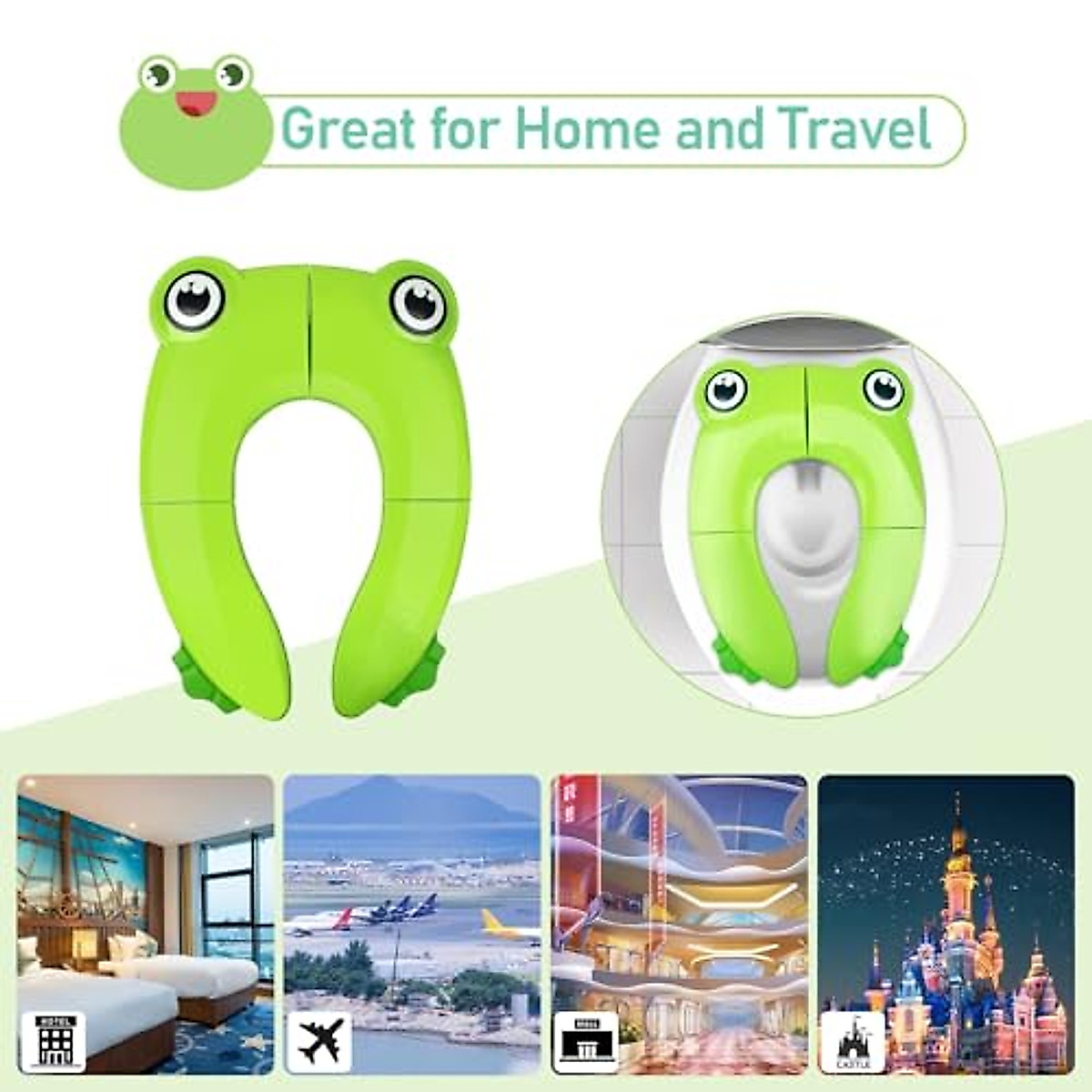 Pejoye Foldable Potty Toilet Training Seat, Travel Portable Toilet Seat Toddler, Folding Potty Training Seat for Kids with 6 Anti Slip Silicone Pads and 1 Carry Bag, Green Frog