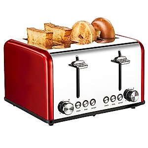 REDMOND Toaster 4 Slice Stainless Steel, Wide Slots 4 Slice Toaster with Bagel Defrost Cancel Function 6 Bread Shade Settings for Bread waffles Auto Shutoff Red