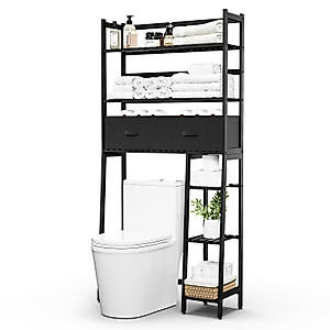 Hitogo Over The Toilet Storage Shelf - Bamboo Bathroom Organizer with Basket Drawer, Adjustable Shelf and Waterproof Feet Pad - Space Saver Storage Rack for Restroom, Laundry (Black)