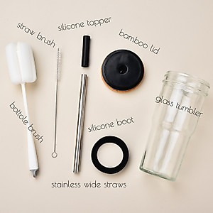 ALINK Glass Cups with Lids and Straws, 24 oz Mason Jar Drinking Glasses Tumbler with Silicone Boot, Tips, Brush, Reusable Iced Coffee Cups, Boba Tea Smoothie Cups - 2 Black