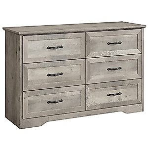 IDEALHOUSE Dresser for Bedroom with 6 Drawers, Wood Drawer Dresser Chest of Drawers for Closet, Living Room, Hallway, Nursery, Kids Bedroom, Grey