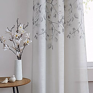 Central Park Leaf Floral Print Metallic Sheer Linen Window Curtain Panel for Rustic Living Room/Bedroom Sparkling Decorative 6 Grommets Top Drape Farmhouse Curtains,Gray Tan,40" x 95"x2, 2 PK