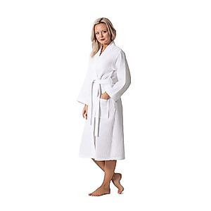 Turkish Linen Waffle Knit Lightweight Kimono Spa & Bath Robes for Women - Quick Dry - Soft (White, Medium)