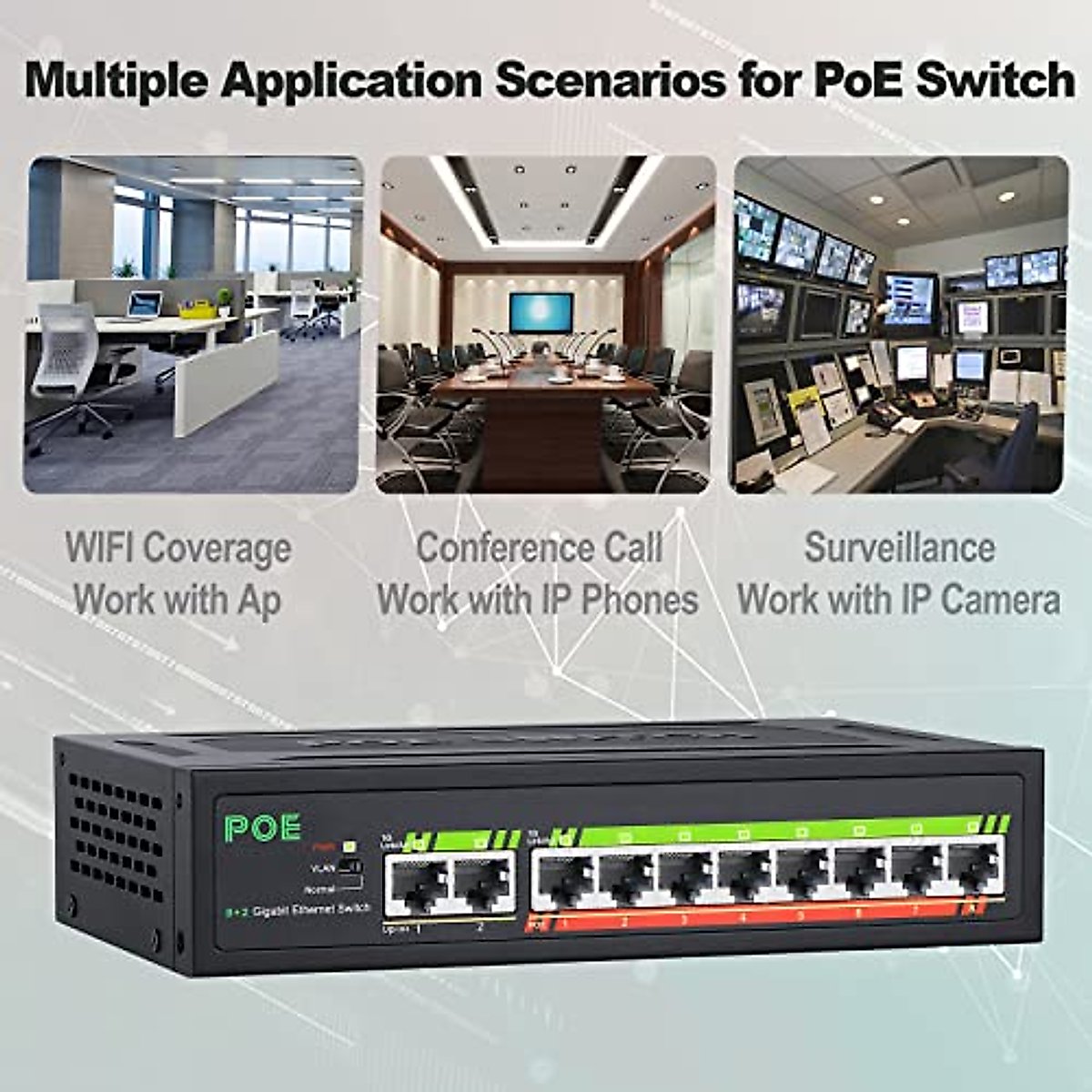 TEROW PoE Switch, 10 Port Gigabit Ethernet Network Switch( 8 PoE+ Port with 2 Extra Uplink Port), 802.3af/at Compliant | Plug & Play | Shielded Ports | Traffic Optimization | Fanless Quiet