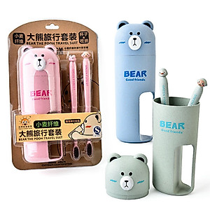 Fantasee Travel Toothbrush Cup 2 Toothbrush Included Portable Business Trips Wash Cup Holder Travel Toothpaste Holder Organizer Eco-Friendly Material Wheat Straw Fiber Blue Color