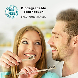 Virgin Forest Bamboo Toothbrush, Biodegradable Soft Bristles Toothbrushes, Wooden Toothbrush with Wave-Shaped Two-Color Bristles and Larger Thicker Handle (6 Pcs)