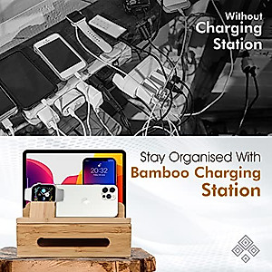 komonotown Natural Bamboo Charging Station for Multiple Devices, Docking Station Organizer for iPhone, Smart Watch, Tablet, Airpod - for Bedside, Desk (No USB Hub)