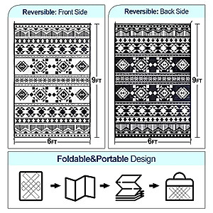 DiiKoo Outdoor Rug Mat for Patio, 6x9ft Waterproof Reversible Plastic Straw Rugs, Camping Carpet Area Mats for RV, Porch, Deck, Backyard, Balcony, Camper, Picnic, Beach, Trailer, Black & White