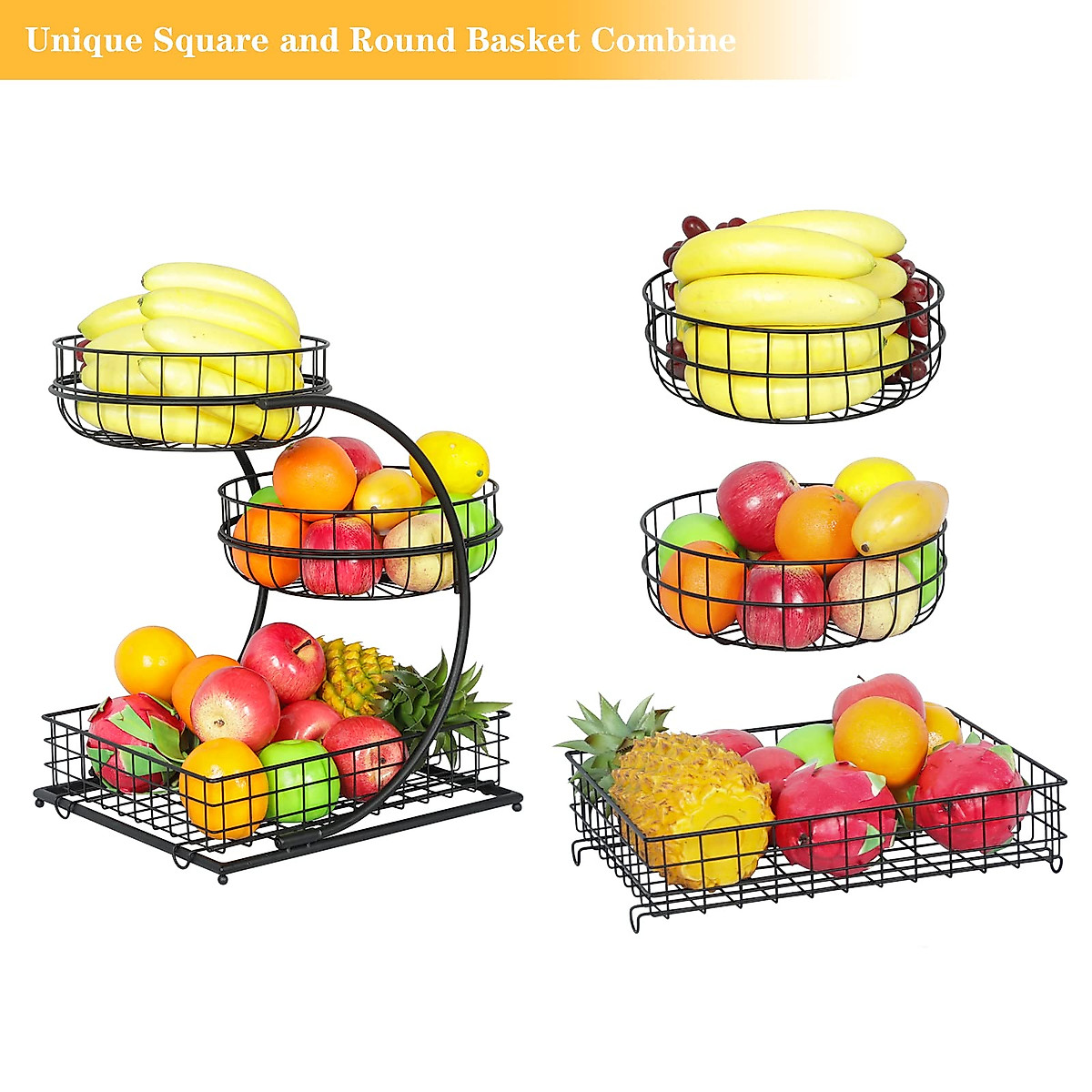 Tiaoheka 3 Tier Fruit Basket for Kitchen, Metal Wire Fruit Bowl for Kitchen Counter, Detachable Fruit Vegetables Storage Basket Holder Stand for Countertop Dining Table(Round and Square, Black)