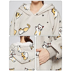 KFUBUO Wearable Blanket Hoodie for Adults Sherpa All Patterns Cat Oversized Sweatshirt Blanket with Pockets for Women