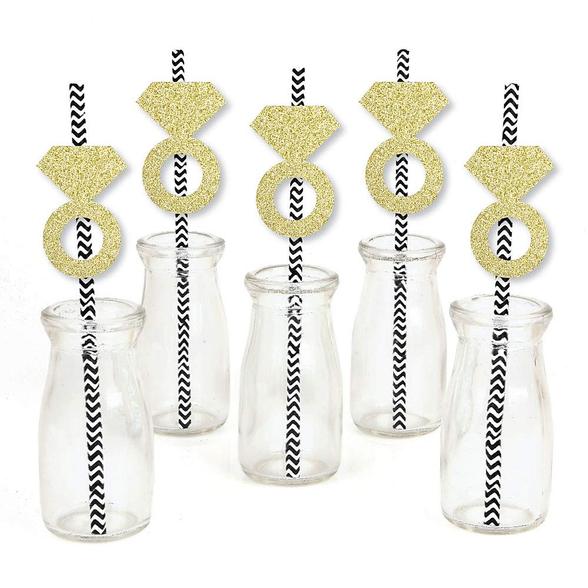 Gold Glitter Diamond Ring Party Straws - No-Mess Real Gold Glitter Cut-Outs and Decorative Bridal Shower or Bachelorette Party Paper Straws - Set of 24