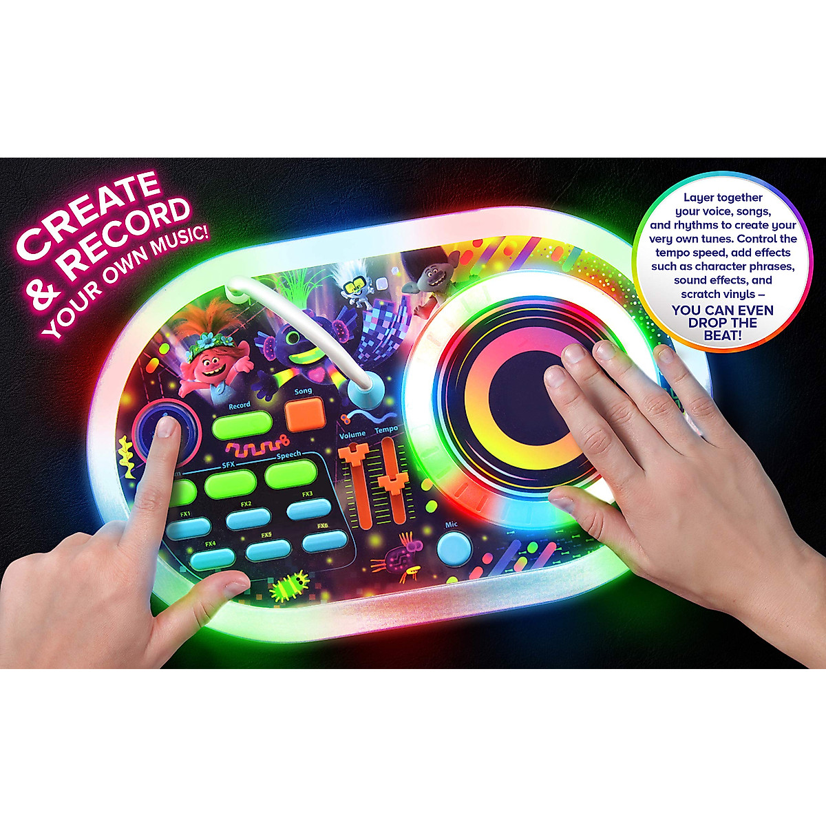 eKids Trolls World Tour DJ Trollex Party Mixer Turntable Toy for Kids Toddler Children, Built in Microphone, Record, Sound Effects, LED Light Show Medium